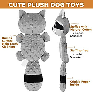 petizer Plush Squeaky Dog Toys, Stuffed and Crinkle Dog Chew Toys, Interactive Toys for Puppies, Small, Medium and Large Dogs, Cute Squirrel and Raccoon, 2 Pack