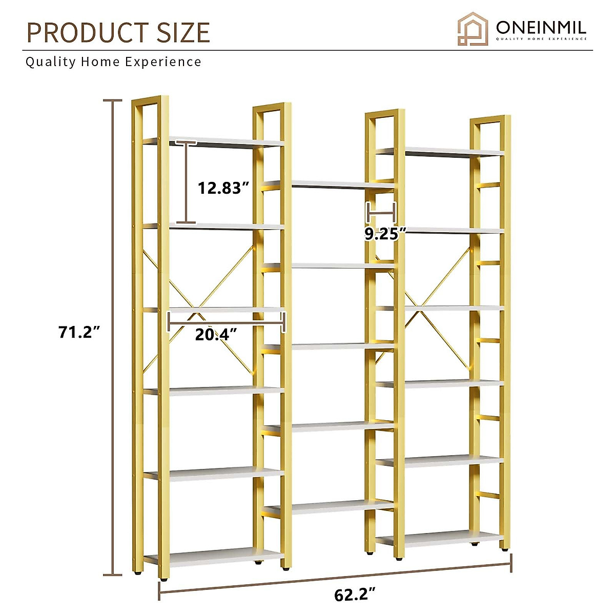 oneinmil Triple Wide 6-Shelf Bookcase Industrial Vintage Wood Style Large Open Bookshelves for Home&Office, Rustic Brown (6 Tier, White/Gold)
