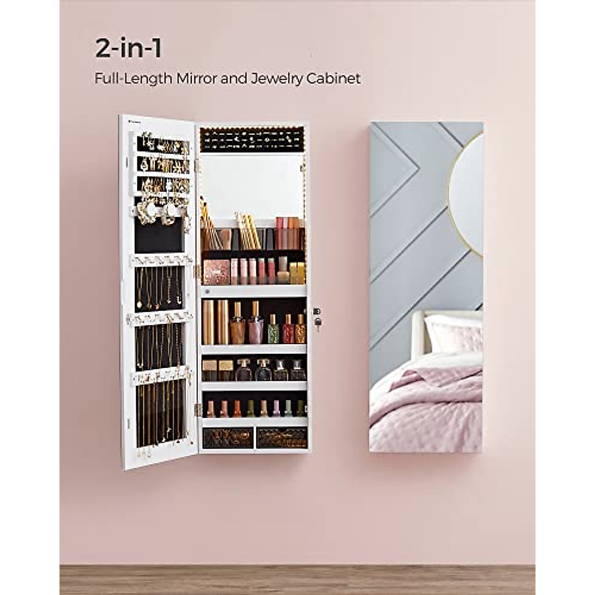 SONGMICS Mirror Jewelry Cabinet Armoire Organizer, Wall or Door Mount Storage Cabinet with Full-Length Frameless Lighted Mirror, Built-in Makeup Mirror, 2 Drawers, Lockable, White UJJC013W01