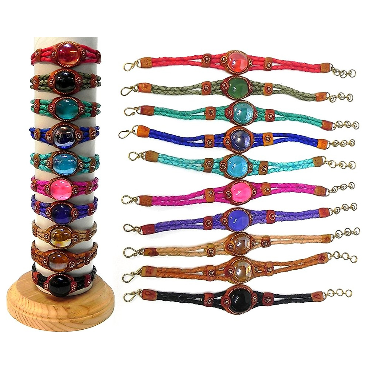 Mia Jewel Shop Round Glass Bead Cat's Eye Cabochon Braided Dyed Leather Bracelet - Womens Fashion Handmade Jewelry Boho Accessories (Olive)