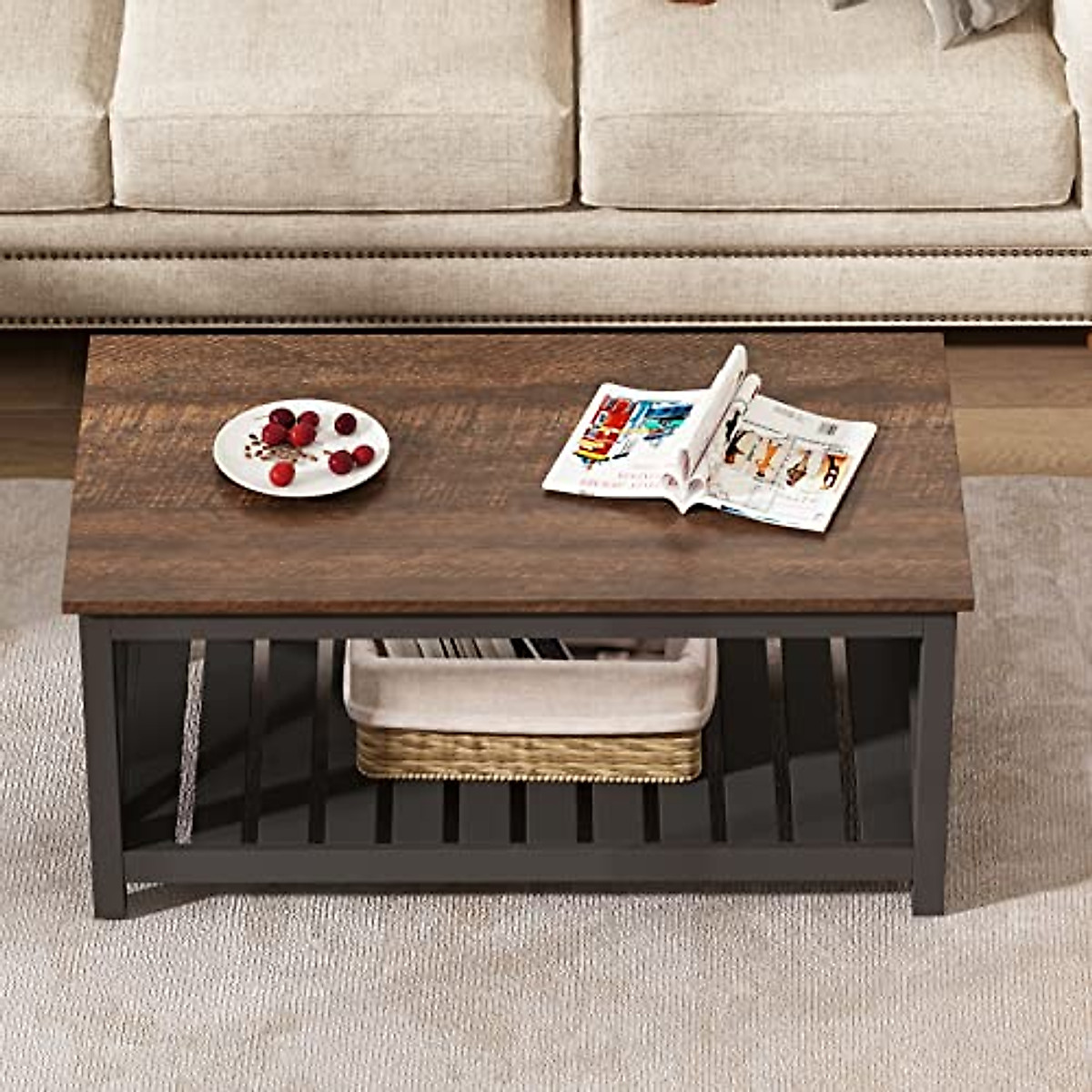 ChooChoo Coffee Table, Rustic Vintage Farmhouse Living Room Table with Shelf, 40
