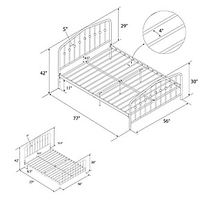 Novogratz Bushwick Metal Bed with Headboard and Footboard | Modern Design | Full Size - Grey