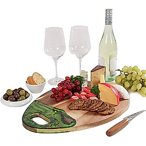 Wood Cheese Board and Knife Set, Large Cutting Board,16" x 12", Charcuterie board, Handmade Forest Resin decorated Tear Drop shape… (Forest)