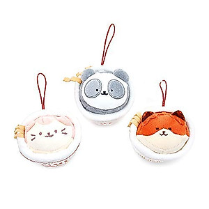 Anirollz Stuffed Animal Plush Keychain - Official Nissin Cup Noodle Ornament Charm Toy Doll | Soft, Squishy, Warm, Cute, Comfort, Safe | Birthday Gift Pillow with Kitty, Fox, Panda 3" Set of 3