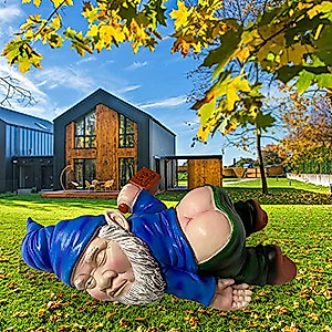 MINICAR Large 9.5'' Tall Funny Drunk Garden Gnome Outdoor Statue, Naughty Knome Figurine Lawn Ornament Dwarf Sculpture Yard Decor Landscape Porch Decoration Outside Novelty Gift(Blue)