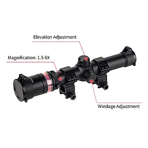ToopMount 1.5-6X24mm Tactical Optics Scope Red Fiber Picatinny Optics Scope 1/4 MOA Fully Multi-Coated Optics One-Piece Aluminum Tube Second Focal Plane for with 11, 20mm Rings