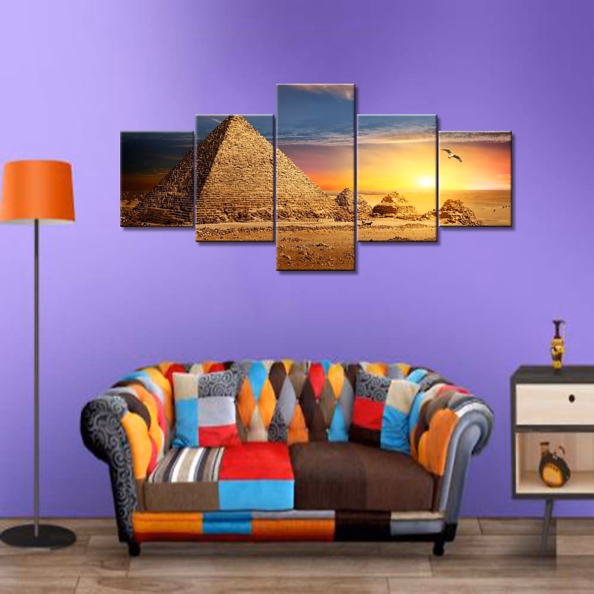 Canvas Wall Art Ancient Pyramids in Sand Pictures Sundow Yellow Scenery Artwork 5 Panel Prints Paintings for Living Room Giclee Modern Home Decor Wooden Framed Stretched Ready to Hang(50''Wx24''H)