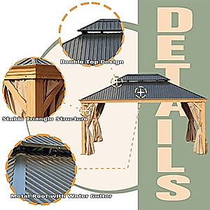 Aoodor 12’ x 16’Wooden Grain Coated Aluminum Gazebo Hardtop 2-Tier Black Steel Roof, Wooden Print Frame with Curtain&Netting for Patios, Gardens, Lawns
