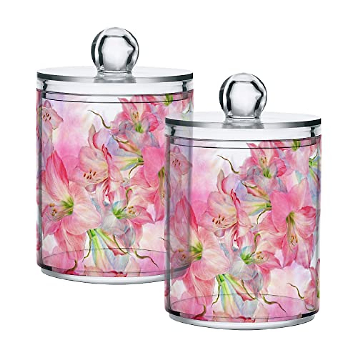 xigua 2 Pack Amaryllis Flowers Pink Apothecary Jars with Lid, Qtip Holder Storage Containers for Cotton Ball, Swabs, Pads, Clear Plastic Canisters for Bathroom Vanity Organization (10 Oz)