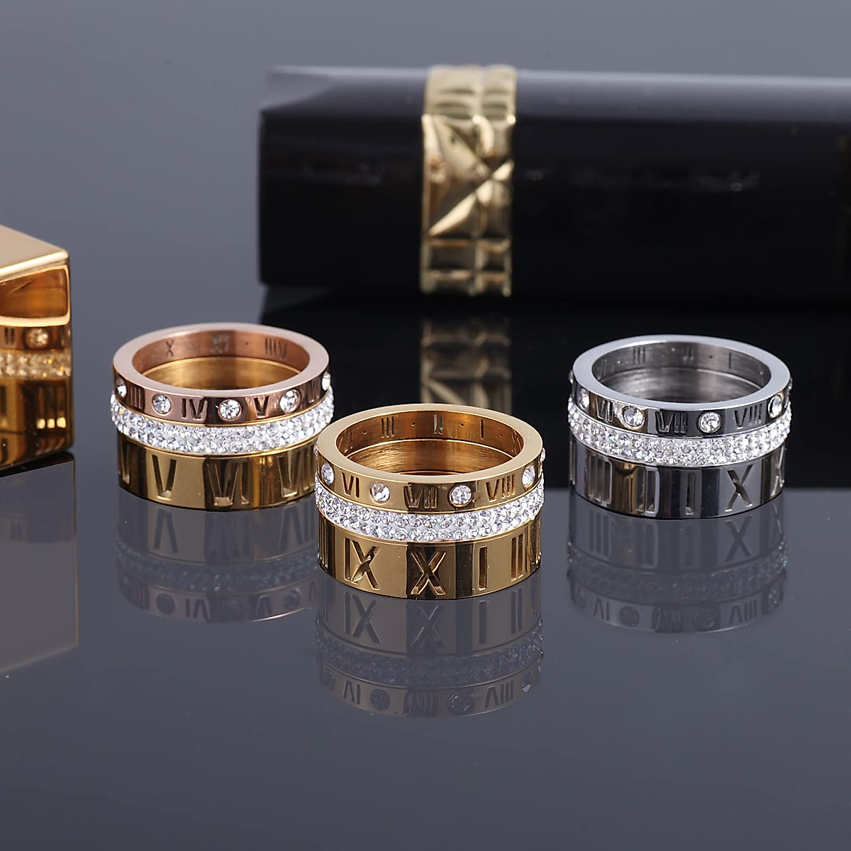 UNAPHYO Roman Numeral Stackable Rings for Women 3pcs Set Stainless Steel Cubic Zirconia Engagement Wedding Bands Stacking Ring Gold Plated Size 8