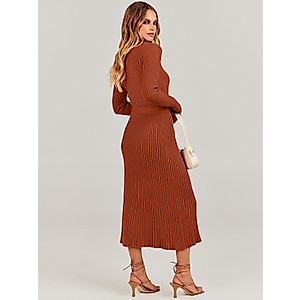 ANRABESS Women Long Sleeve V Neck A-line Tie Waist Slim Fit Ribbed Knit Bodycon Midi Sweater Dress 2025 Fall Trendy Outfits Rust Small