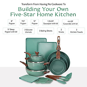 PHANTOM CHEF 18-Piece Cookware Set | Non-Stick Ceramic Coating | Oven & Dishwasher Safe | PFOA-Free | Aluminum Pots & Pans Set with Lids | Stay-Cool Handles | Induction Stovetop Compatible (Green)