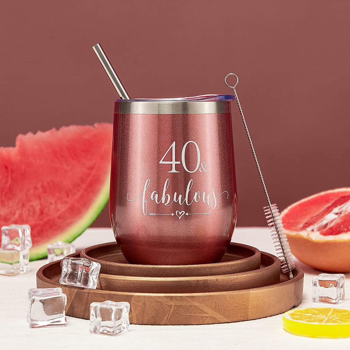 Crisky Rose Gold 40 & Fabulous Wine Tumbler for Women 40th Birthday Gifts for Women, Wife, Mom, Sister, Aunt, Friends, Coworker Her, Vacuum Insulated Coffee Cup,12oz with Box, Lid, Straw