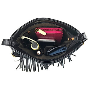 Glossy Fringe Cross Body Shoulder Bag Tassel Womens Purse(Black)