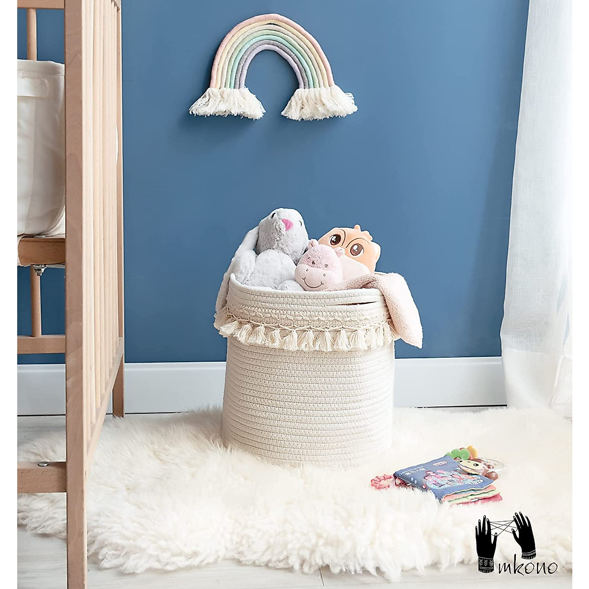 Mkono Macrame Decorative Cotton Rope Basket Boho Nursery Decor Small Cute Woven Tassel Closet Storage Bins Organizer for Baby Toys,Magazines, Potted Plants Cover,Living Room,Bedroom, 11"x11"