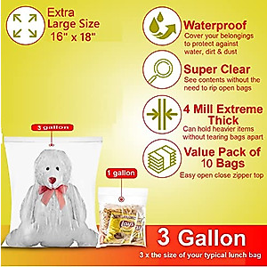 [ 10 COUNT ] - 4 MILL - Extra Large 3 Gallon Size Reclosable Food Storage Bags - Extreme Thick - Heavy Duty Plastic - Zipper Top - Measures 16" x 18" - For Freezer, Meat, Clothing, Organization, Moving, Covering