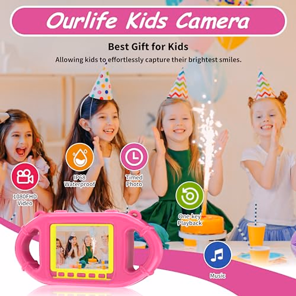 Ourlife Kids Underwater Camera, Selfie Waterproof Cameras Toys for Girls, 1080P 2.4'' Large Screen Cam with 8GB TF Card, Silicone Handle, Fill Light, Christmas Birthday Gift for Girls (Pink)
