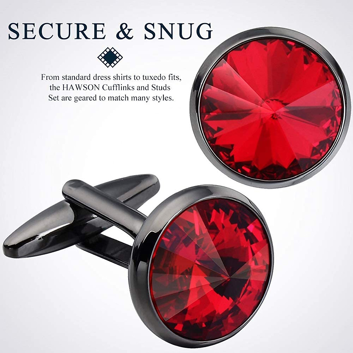 HAWSON Cufflink and Studs Tuxedo Set Silver Color with Austrian Crystals in Jet Hematite, Dark Blue, Crystal Grey,Purple, Green (Light Siam)