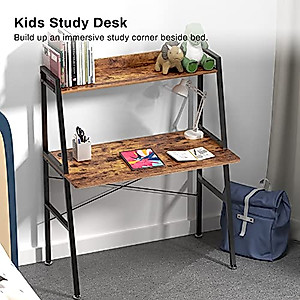 DESIGNA Small Computer Ladder Desk with Storage Shelves, 43 Inch 2-Tier Home Office Students Study Writing PC Gaming Table with Bookshelf Modern Workstation for Space Saving, Metal Frame, Rustic Brown