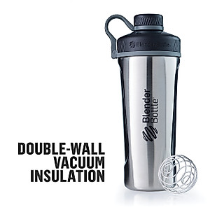 BlenderBottle Radian Shaker Cup Insulated Stainless Steel Water Bottle with Wire Whisk, 26-Ounce, Matte Black