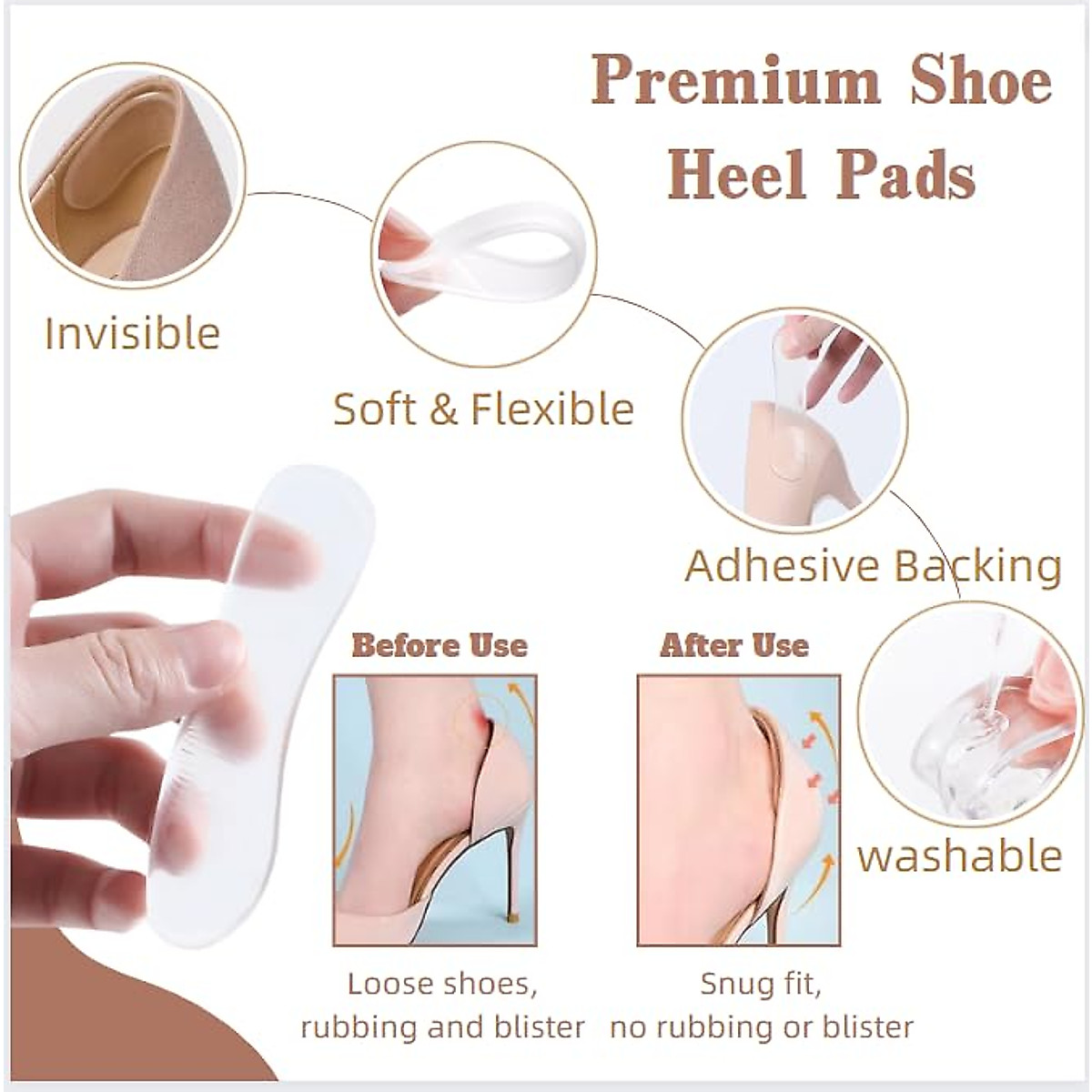 Heel Grips, 8PCS Heel Inserts, 12PCS Shoe Inserts, Gel Heel Cushion Inserts for Women Men, Adhesive Shoe Pads for Loose Shoes, Heel Slipping, Rubbing