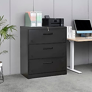 Lateral File Cabinet with Lock, 3 Drawer Lateral Filing Cabinet for Legal/Letter A4 Size, Locking Wide File Cabinet for Home Office, Metal Steel (Black, 3 Drawer)