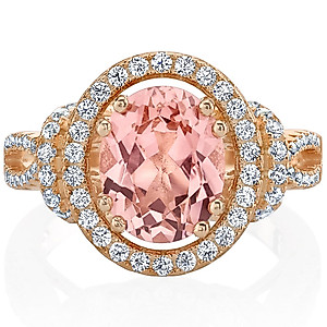 PEORA Simulated Pink Morganite Ring for Women 925 Sterling Silver, Large 3 Carats Oval Shape 10x8mm, Size 7