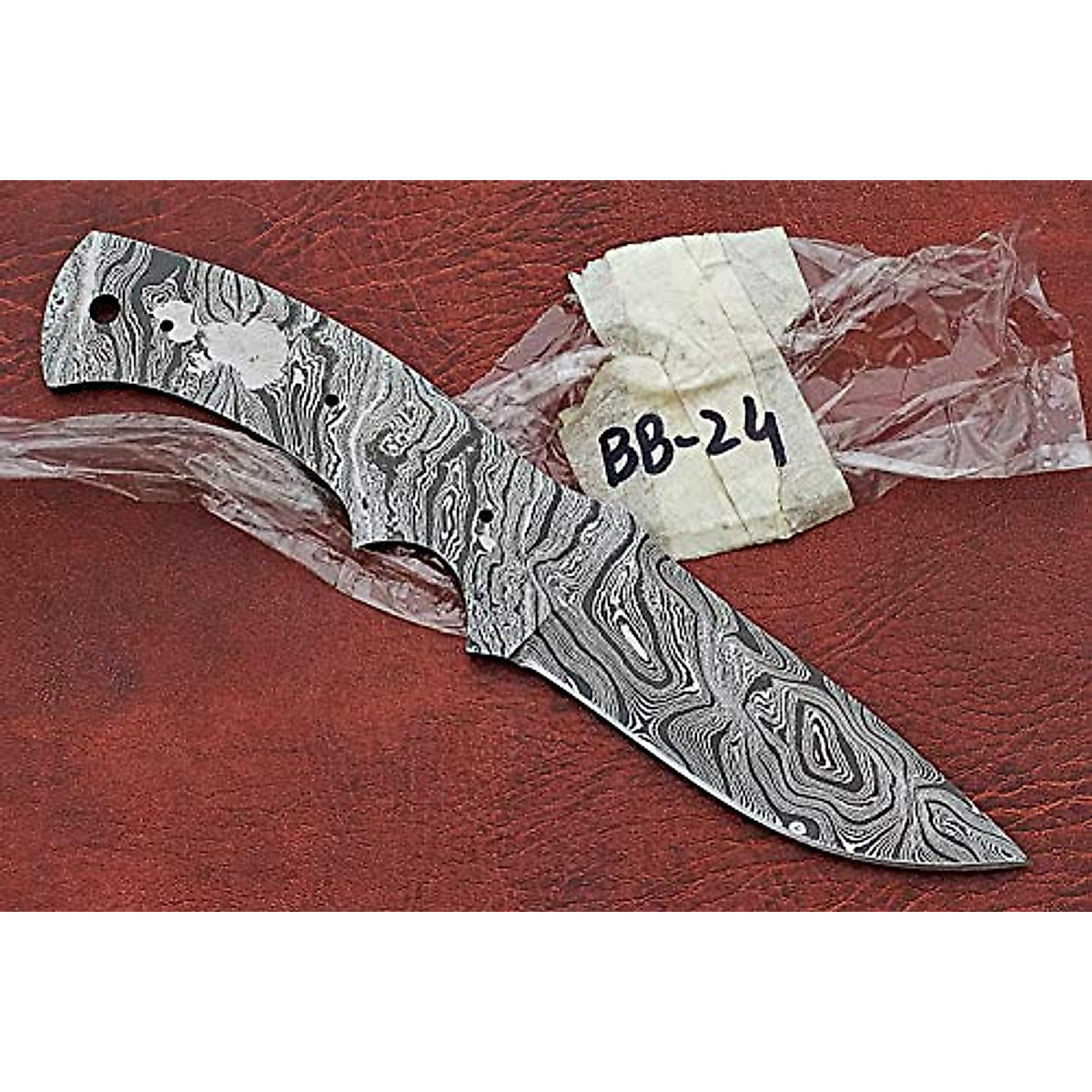 8.5 inches long Drop point blank blade skinning knife, hand forged Damascus steel 4.5" scale space with 3 Pin hole & an inserting hole space 3.75 inches cutting edge