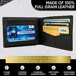 Kobi & Knight Mens Leather Skull Wallet | Bifold Wallet with Embossed Skull Design | Full Grain Leather Wallet in Gift Box | Gift Idea For Men