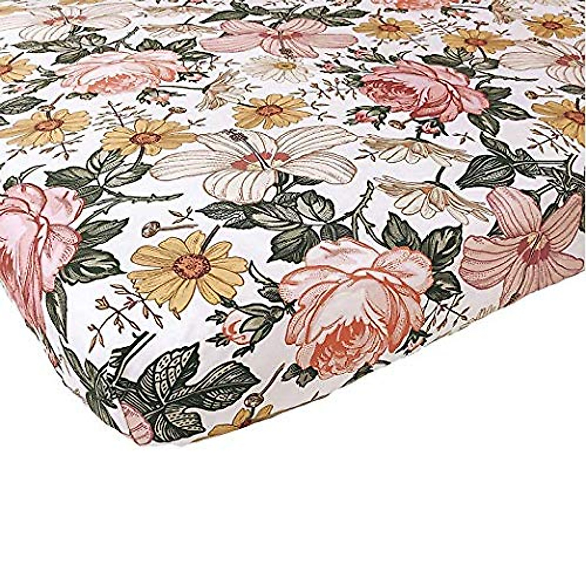 Fitted Crib Sheet (Mini Size) - Garden Floral (White) Design, Woven 100% Cotton for Baby Girl Infant Nursery Bedding and Bassinet Mattress Cover Inspiration by Mini Wander