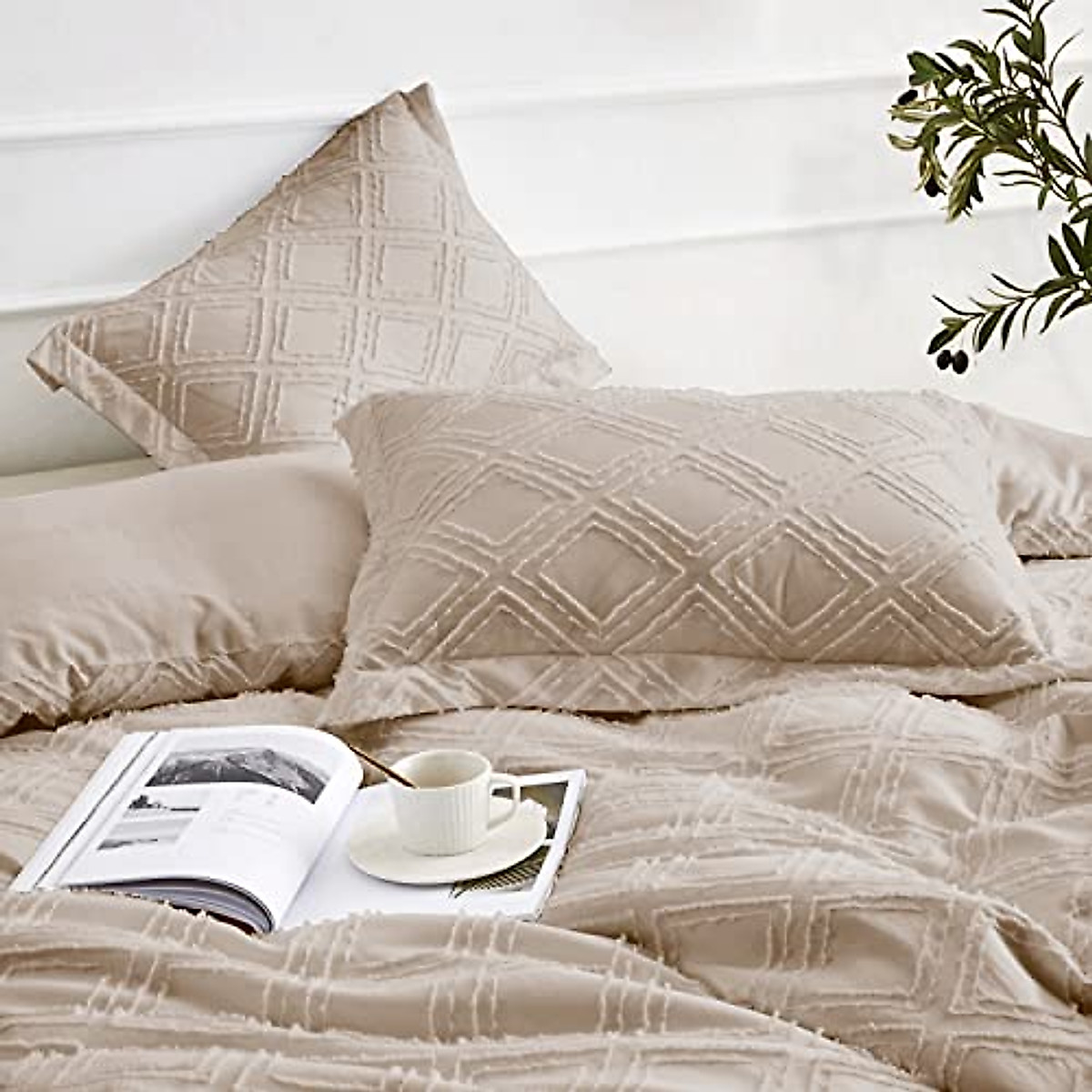 Maple&Stone King Duvet Cover Set, 3 Pieces Textured Tufted Boho Bedding Sets Zipper Closure Design with Ties, 1 Duvet Cover + 2 Pillow Shams, Comforter NOT Included (Khaki, King Size)