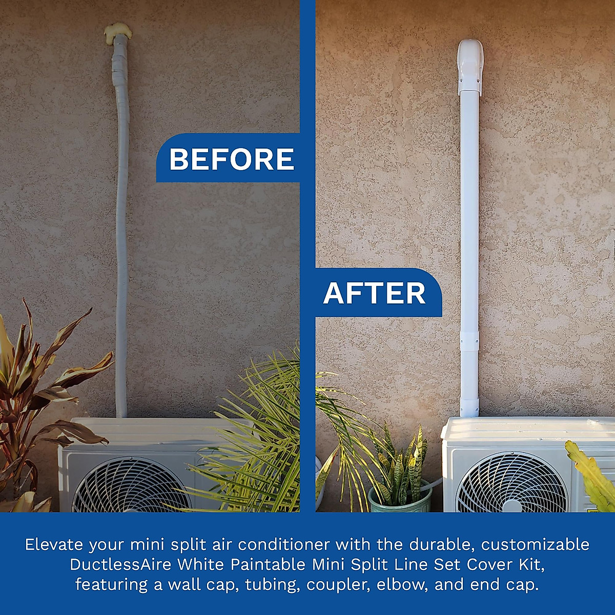 DuctlessAire White Paintable Mini Split Line Set Cover Kit - Cover for Ductless Mini Split AC & Heating System - Easy to Install Cover Kit with Wall Cap, Hide-A-Line, Coupler & End Cap (4" x 14 ft.)