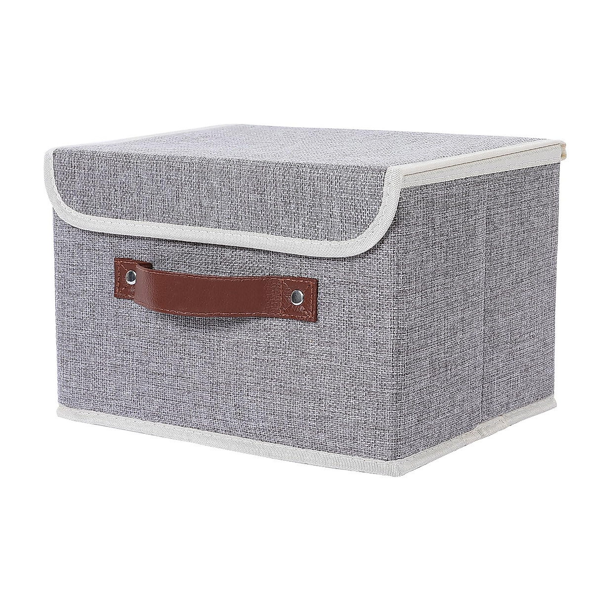 Lucky Monet Collapsible Storage Bins with Lids & PU Leather Handles - PP Plastic Board Washable Linen Fabric Storage Box, Foldable Storage Cubes for Organizing Home Bedroom Closet Office (Large, Gray)