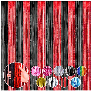 RUBFAC 2 Pack Red and Black Backdrop Party Decorations Tinsel Foil Fringe Curtains Streamers for Casino Theme Party Decorations Halloween Bachelorette Birthday Holiday Celebrations Party Supplies
