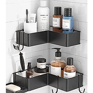 Kitsure Corner Shower Caddy - 2 Pack Rustproof Shower Organizer, Durable Shower Shelves with Large Capacity, Drill-Free Adhesive Shower Rack with 4 Movable Hooks, a Soap Holder