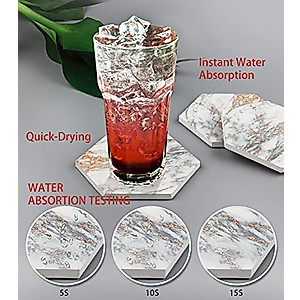 Marble Coasters for Drinks Absorbent with Cork Base, 6 Pcs Drink Coasters for Wooden Table with Metal Holder, Gold Ceramic Cup Coaster Set Rustic Home Decor for Living Room Bar - Housewarming Gifts