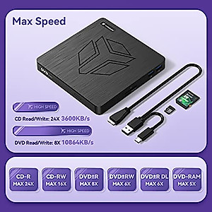 Yottamaster External CD/DVD Drive USB 3.0 CD Burner with SD/TF Card Reader and 2 USB-A Ports, Portable CD/DVD +/-RW Drive/DVD Player for Laptop Desktop PC [P-CD06]