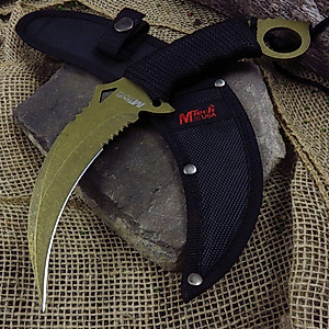 MTECH USA – Fixed Blade Knife – Gold Partially Serrated Stainless Steel Karambit Blade w/Black Cord Wrapped Handle, Full Tang, Black Nylon Sheath - Hunting, Camping, Survival, EDC – MT-20-76GD