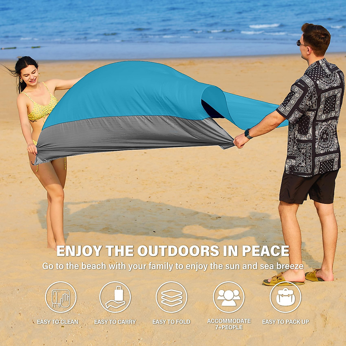 Famstar Nylon Beach Blanket Waterproof Sandproof Oversized,Extra Large 10'X 9' Beach Mat,Sand Free Beach Blanket 1-8 Adults Lightweight Durable for Travel Camping Hiking Picnic