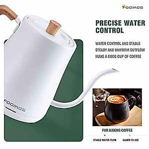 Fooikos Electric Gooseneck Kettle 0.8L for Pour Over Coffee and Tea, Food Grade 304 Stainless Steel, 1000W Quick Heating (White)