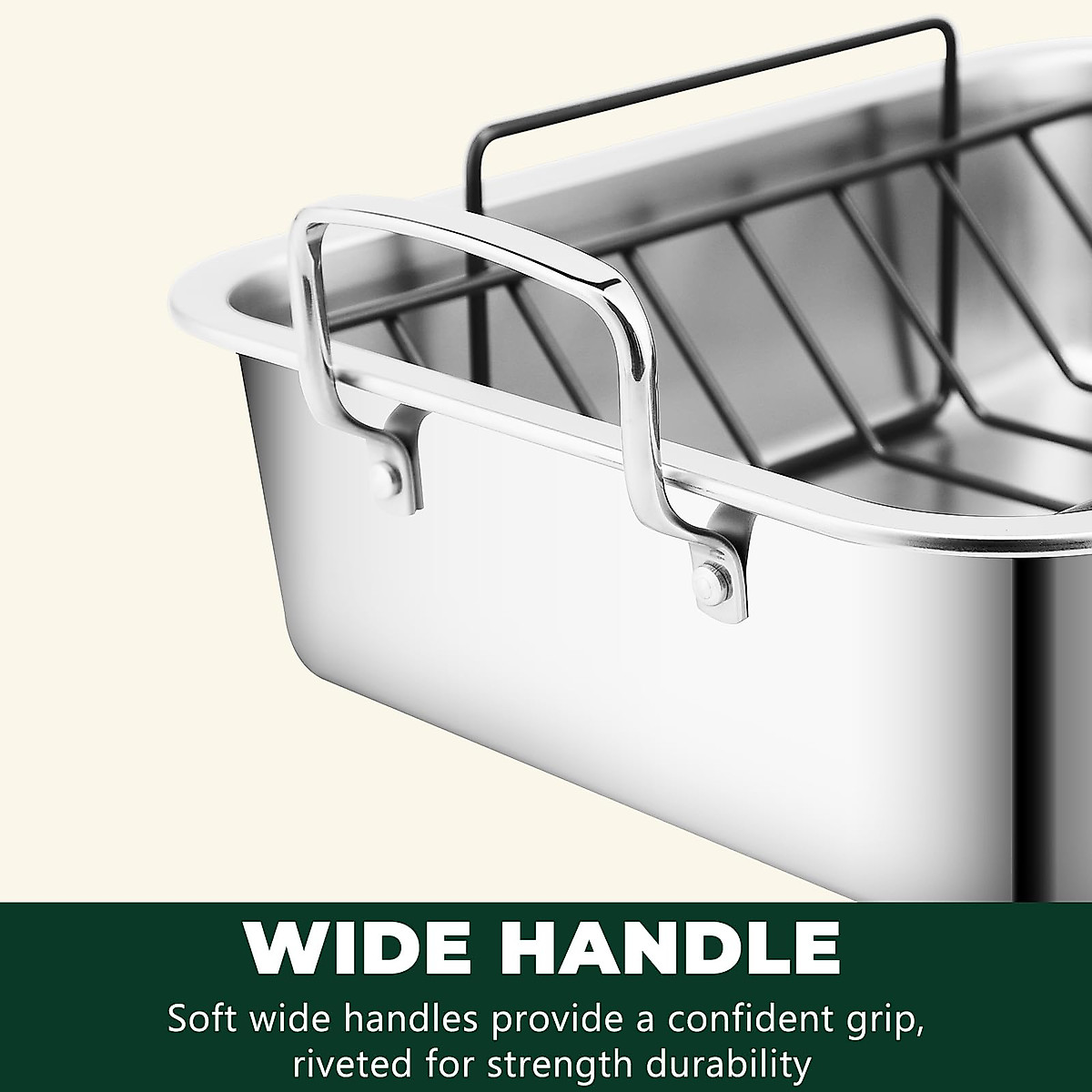 Hillbond Stainless Steel Roasting Pan with Rack 16 Inch Turkey Roaster Pan with U-Shaped Rack Flat Rack Turkey Lifting Forks for Turkey, Chicken, Vegetables Set of 5