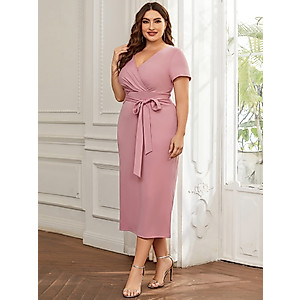Ever-Pretty Women's Plus Size Short Sleeves Bodycon Midi Wrap Work Dress Dusty Rose 2XL