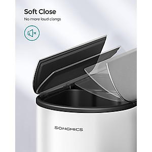 SONGMICS 13-Gallon Dual Kitchen Trash Can, 5.3 and 8 Gallon Compartments, Garbage Can with Wing Lids, Stainless Steel, Soft Close, Inner Buckets, Cloud White and Metallic Silver ULTB570W50