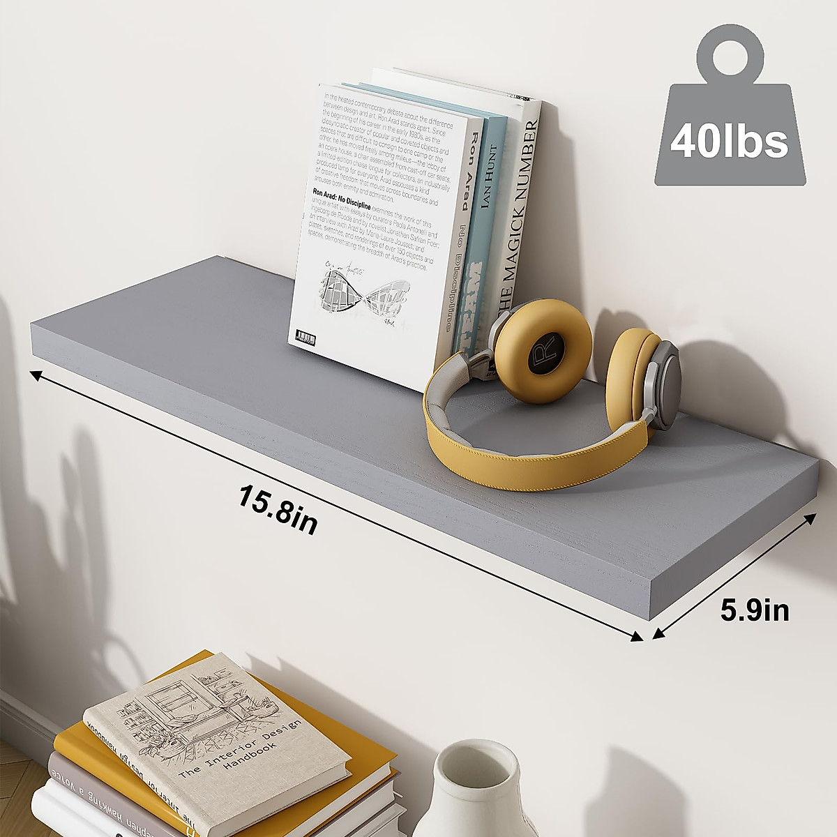 Fixwal Floating Shelves Set of 5, 15.8in Rustic Wood Shelves for Wall Storage with Invisible Brackets, Farmhouse Wall Decor for Bathroom, Living Room,Bedroom and Kitchen(Gray)