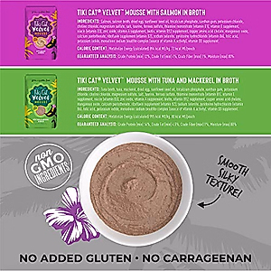 Tiki Cat Velvet Mousse, Protein Blend in Broth Variety Pack, Complete Nutrition for Balanced Diet, Wet Cat Food For All Life Stages, 2.8 oz. Pouch (Pack of 12)