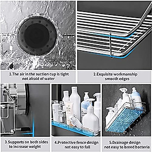 Queta Strong Suction Cup Shower Caddy Bath Shelf Storage with 3 Hooks, Wall Mounted Bathroom Organizer Stainless Steel shower Rack for Shampoo Conditioner Razor, Rectangle Basket for Kitchen Storage
