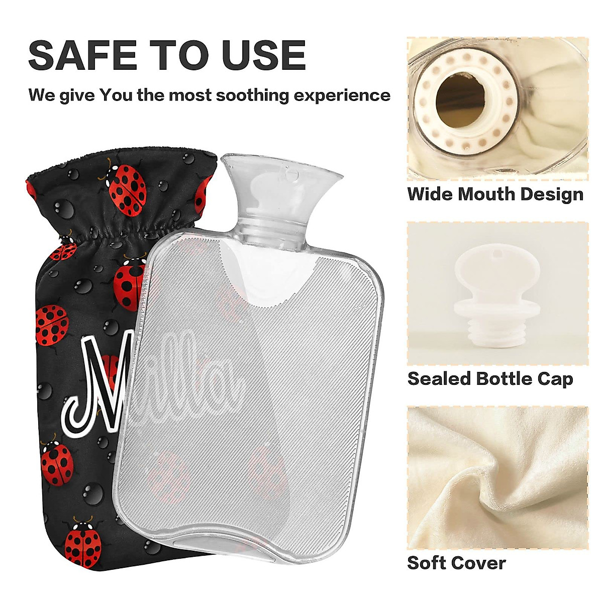 Ladybug Custom Hot Water Bottle with Cover 1L Personalized Small Hot Water Bag for Pain Relief Cramps BAP Free