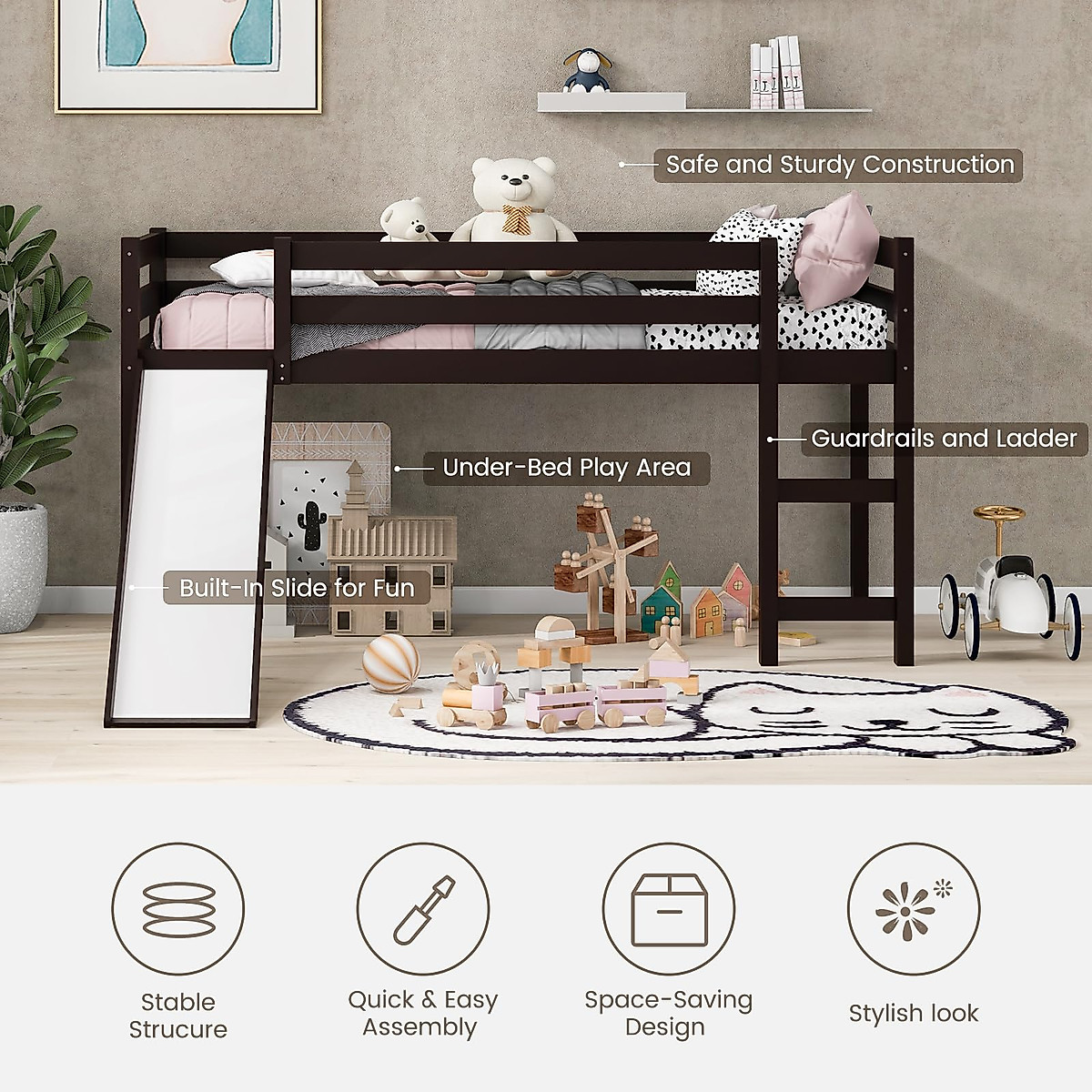 NAFORT Twin Loft Bed with Slide, Low Loft Bed with Stairs, Solid Wood Twin Loft Bed Frame for Girls Boys with Climbing Ladders Guard Rails and Slat Support (Espresso)