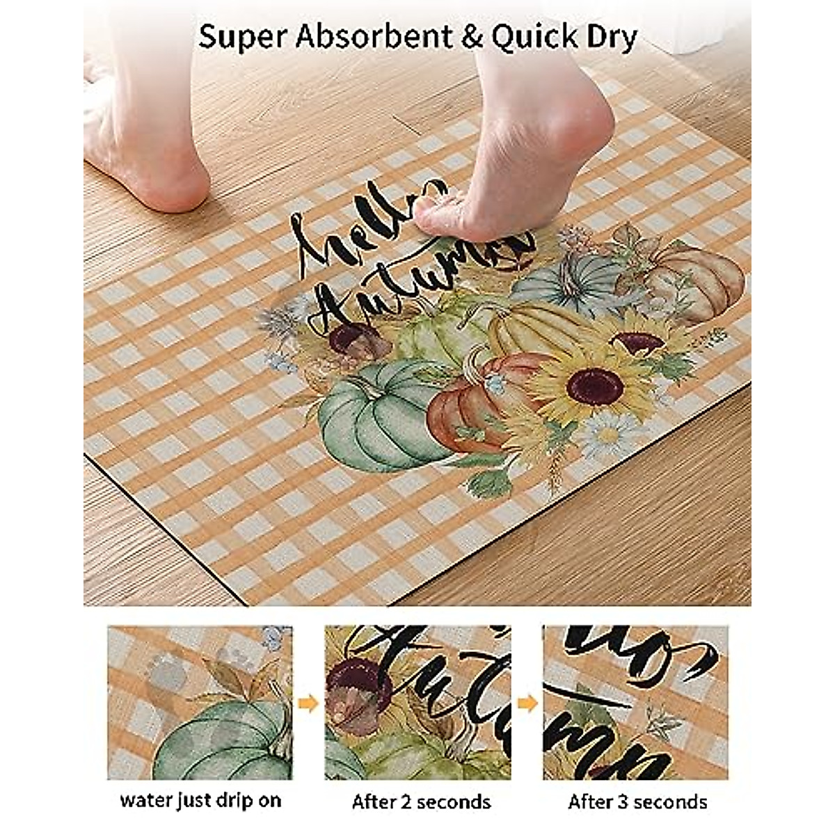 Bathroom Floor Shower Mat, Non-Slip Small Rugs - Easy to Clean, Hello Autumn Thanksgiving Pumpkin Sunflower Daisy Pattern Durable Bath Rug 20"x32" Washable Quick Dry Mats for Bathtubs