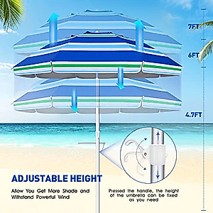 Beach Umbrella for Sand Wind Portable: 7FT Arc Length 6.5FT Diameter Heavy Duty Wind Resistant Striped Large Umbrellas UV 50+ Parasol with Anchor Screw Adjustable Height Tilting Pole 8 Ribs Carry Bag Lightweight